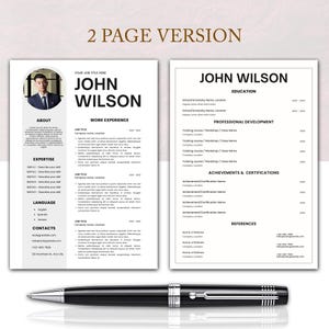 Professional 1 and 2 Page Resume Template With Photo, CV Template ...