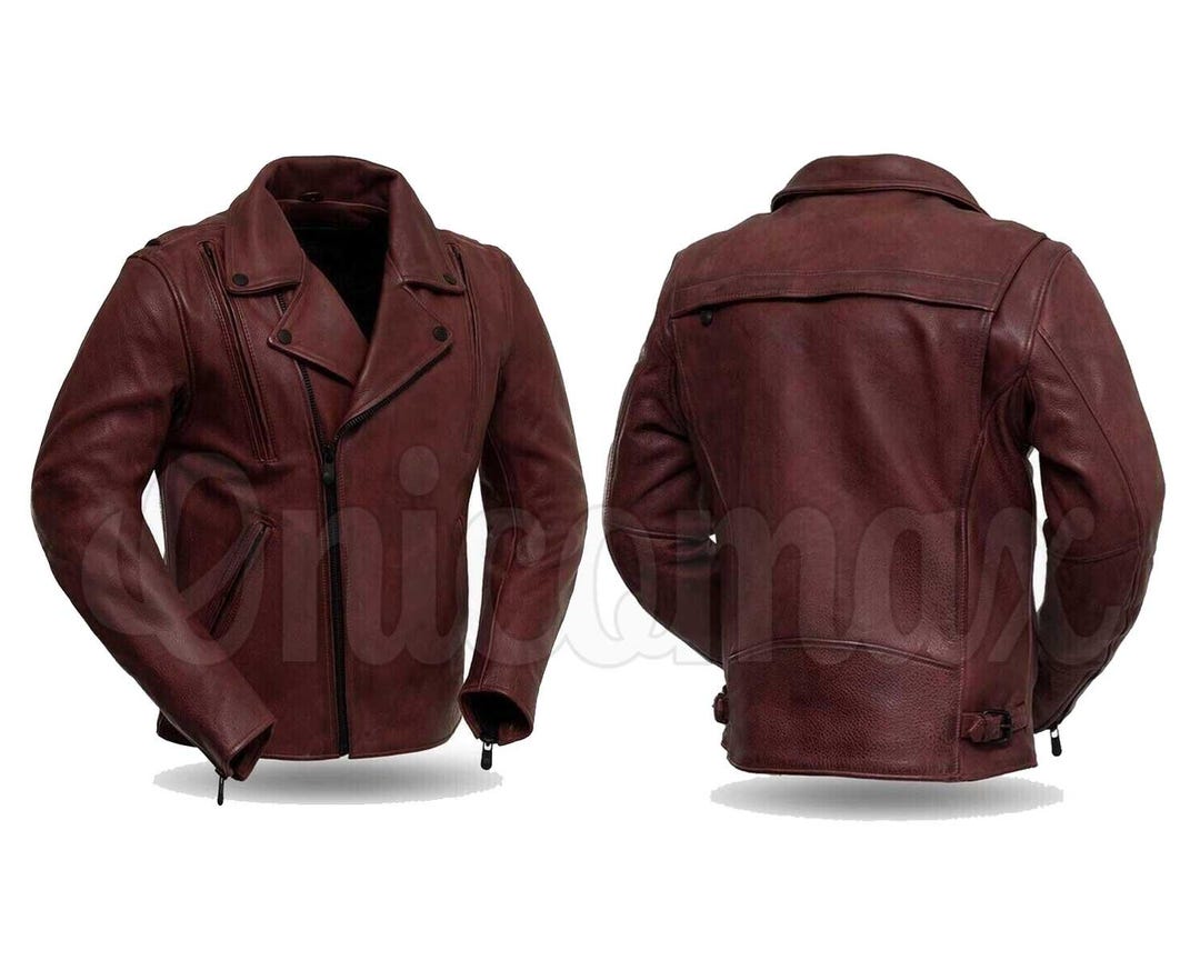 Men's Ox Blood Color Motorcycle Leather Jacket - Night Rider Handmade ...