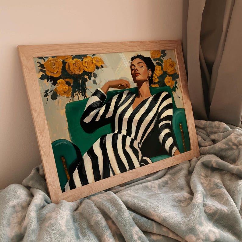 Abstract Woman in Striped Dress With Yellow Flowers | Contemporary ...