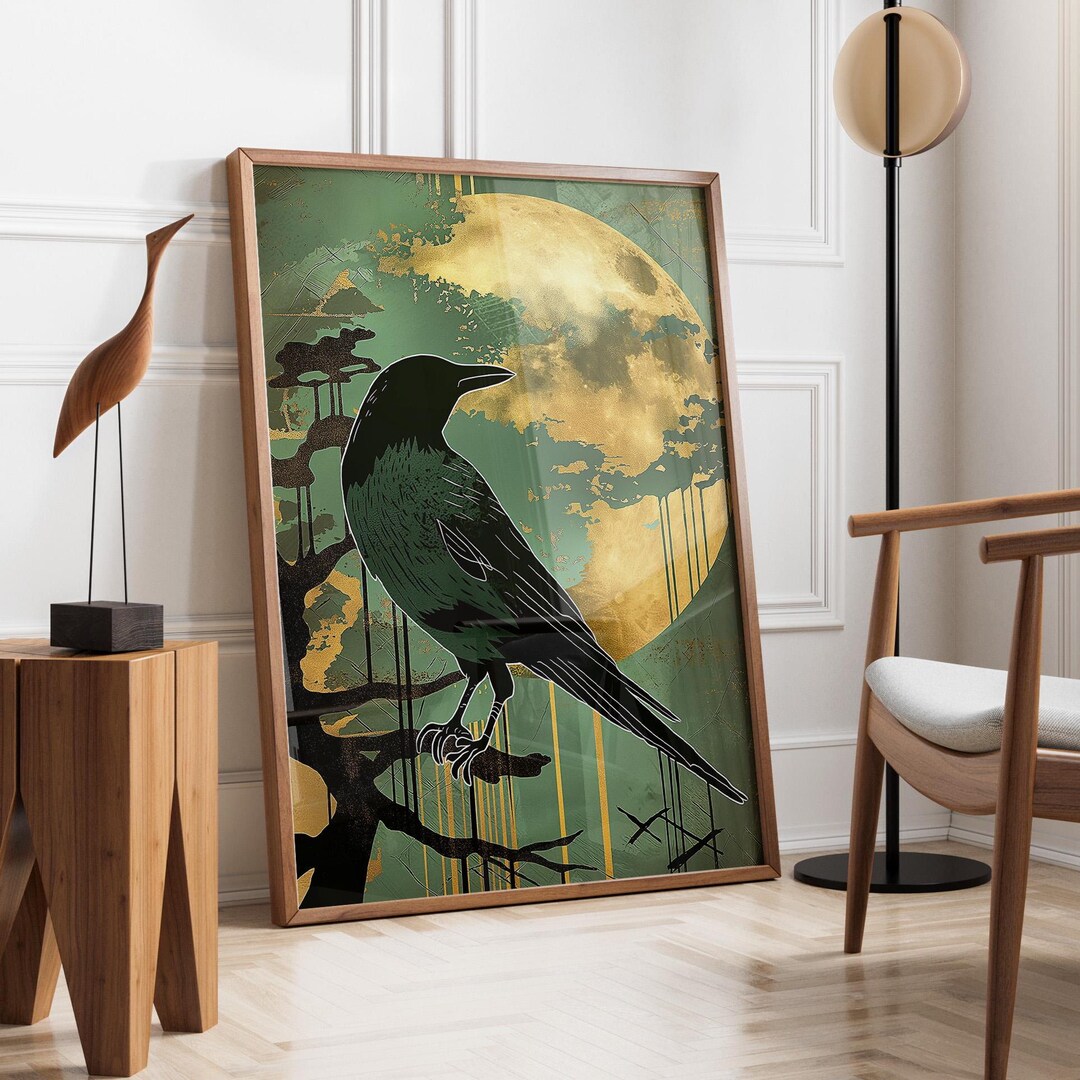 Emerald Green Celestial Raven Wall Art | Crow and Full Moon | Elegant ...