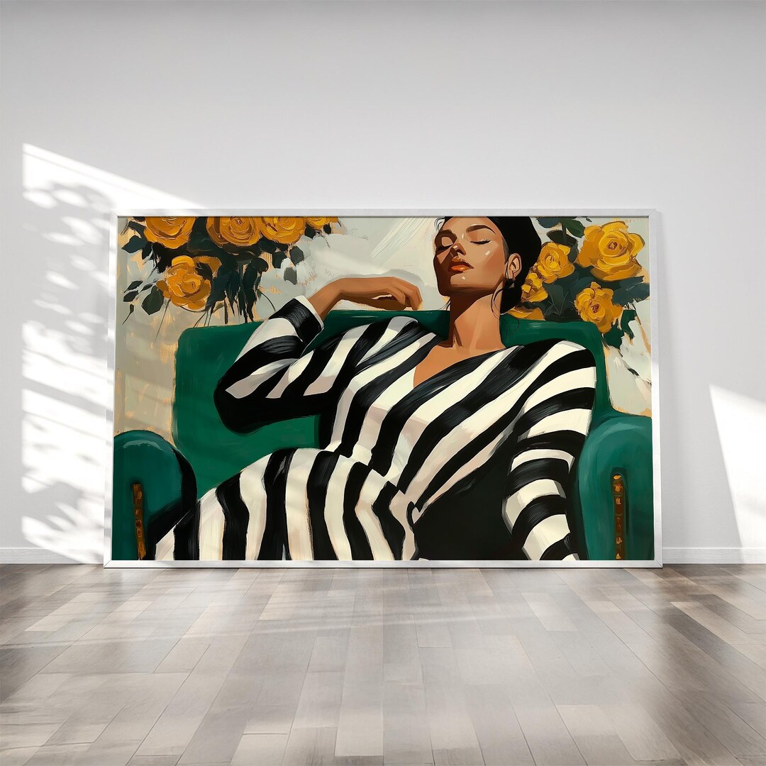 Abstract Woman in Striped Dress With Yellow Flowers | Contemporary ...