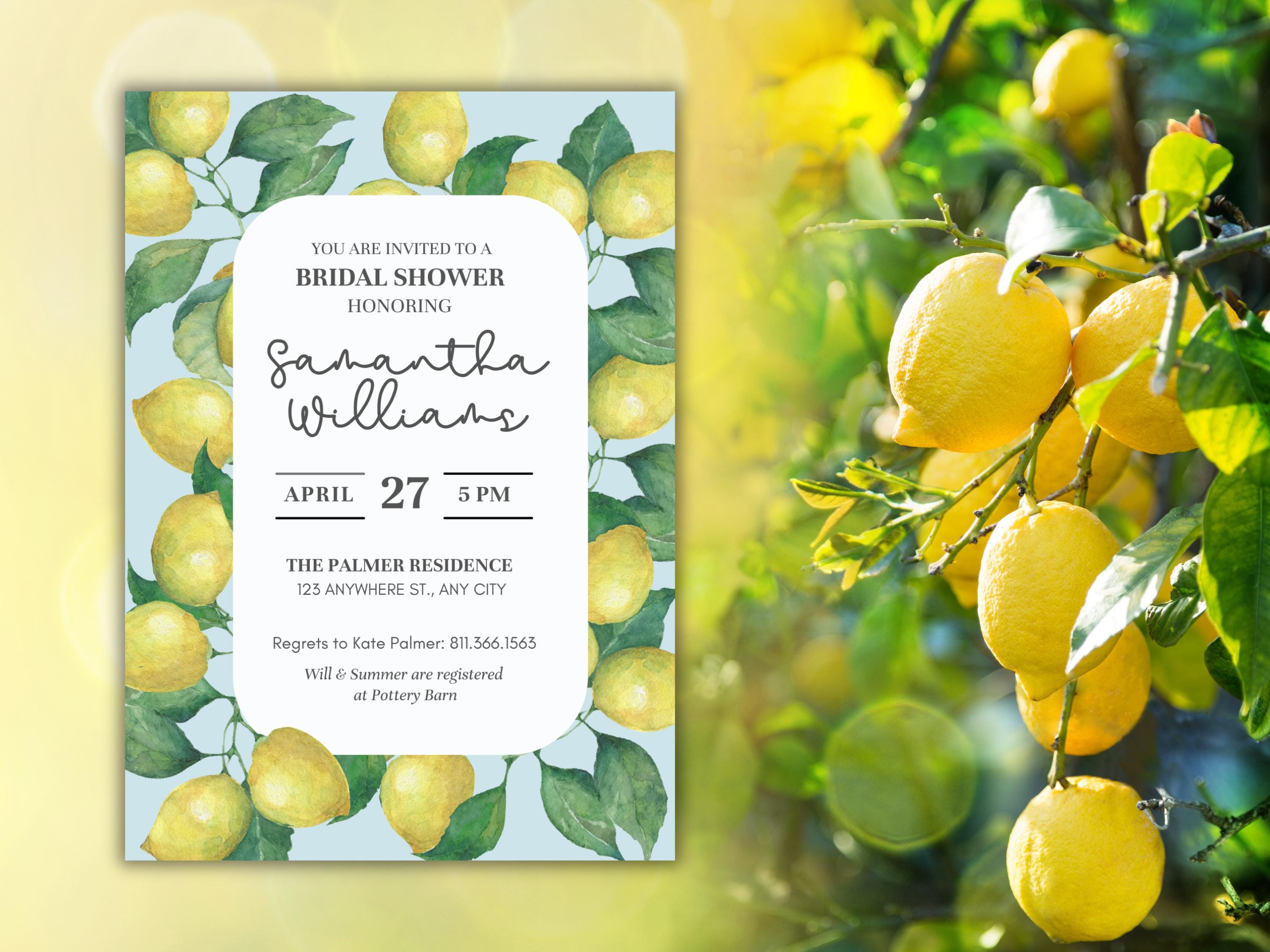 Editable Lemon-themed Bridal Shower Invitation Template | Blue & Yellow ...