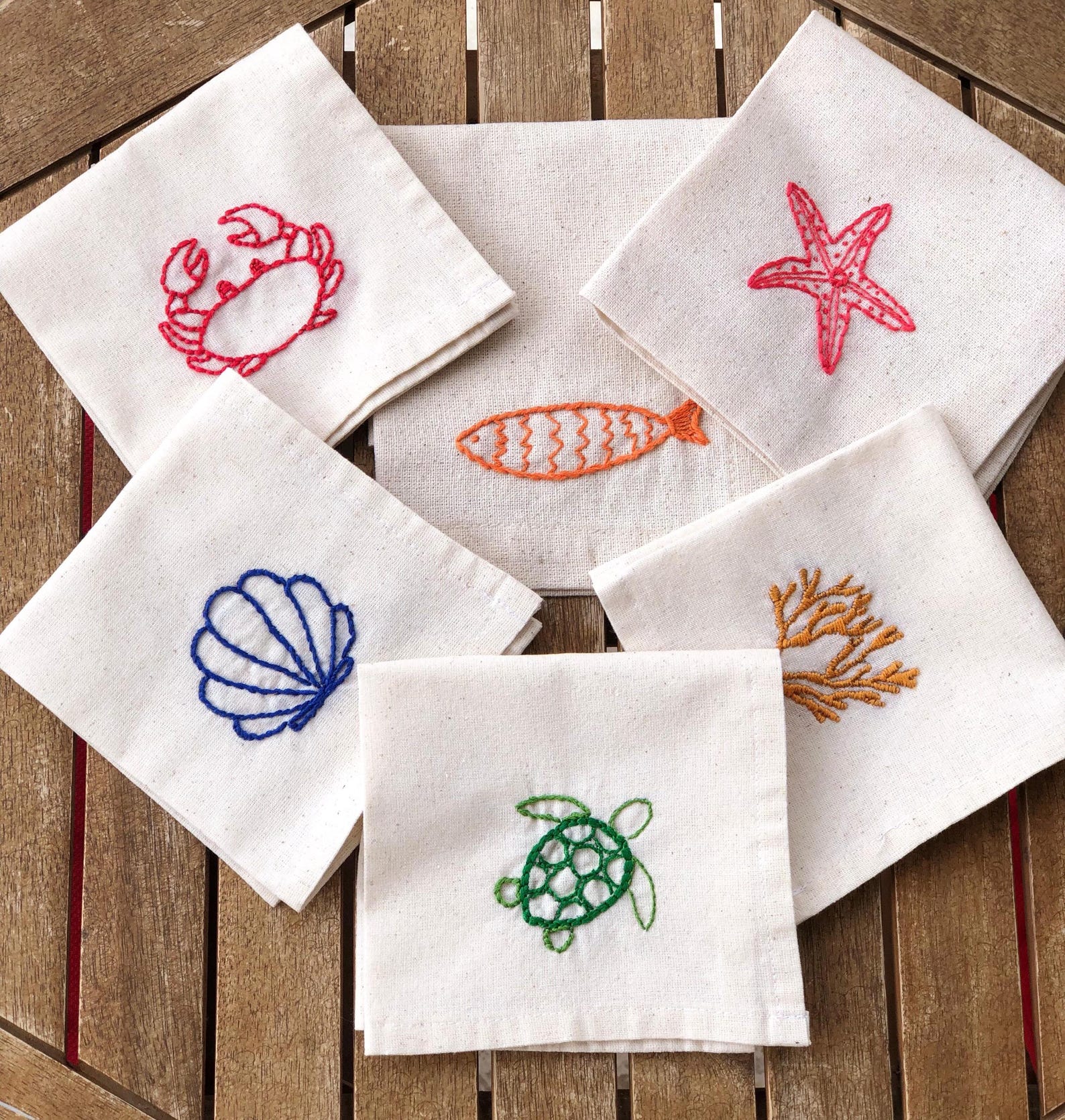 Hand Embroidered Linen Napkin Set, Sea Creatures, Coastal Table Decor ...