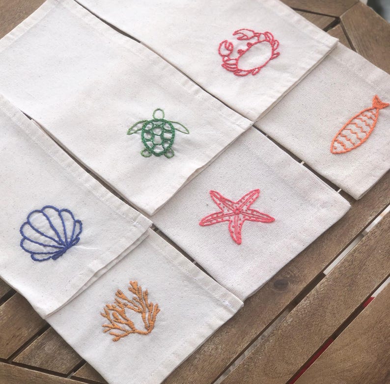 Hand Embroidered Linen Napkin Set, Sea Creatures, Coastal Table Decor ...