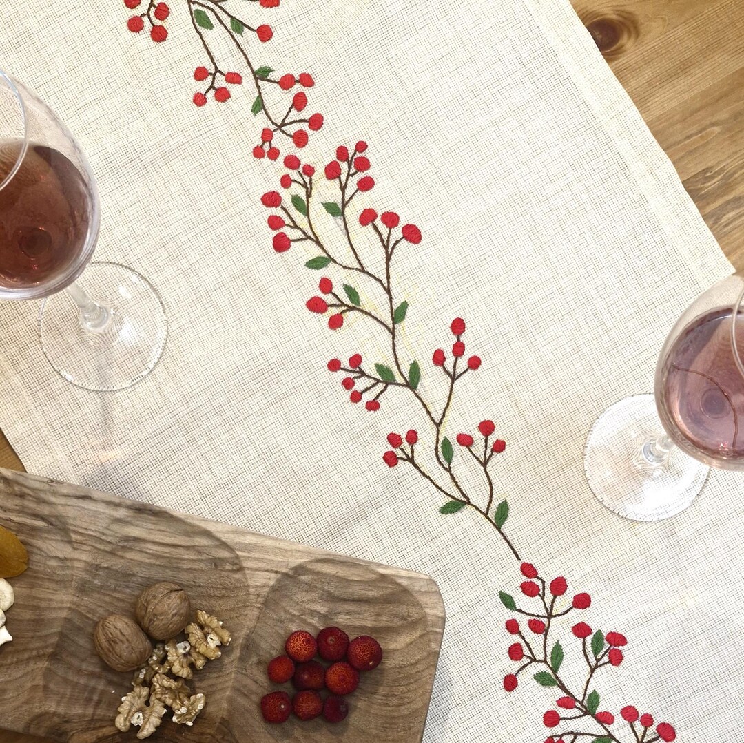 Large Linen Table Runner, Embroidery Table Runner, Hand Embroidery ...