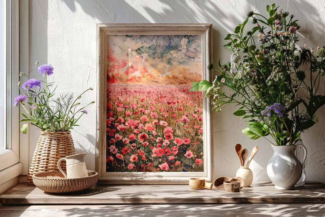 Pink Poppy Field Art, Poppy Printable Poster, Poppy Digital Painting ...