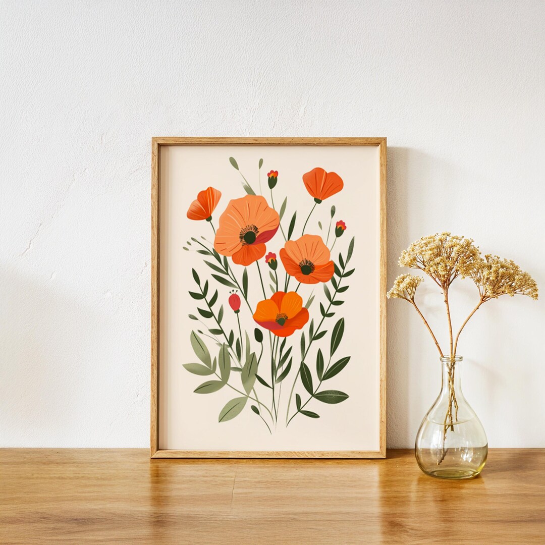 Poppy Vintage Print, Poppy Retro Poster, Floral Minimalistic Painting ...