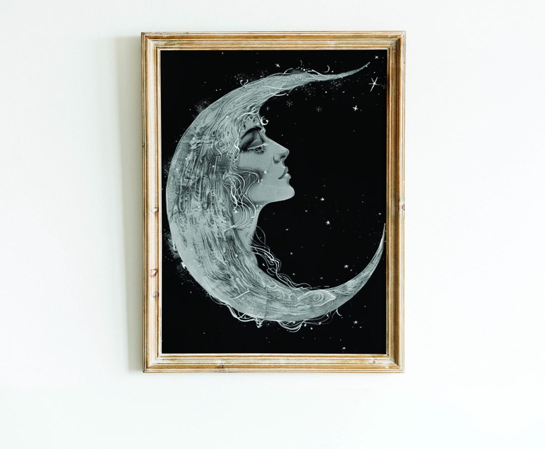 Minimalistic Moon Decor, Crescent Moon Art, Moon Vintage Painting ...
