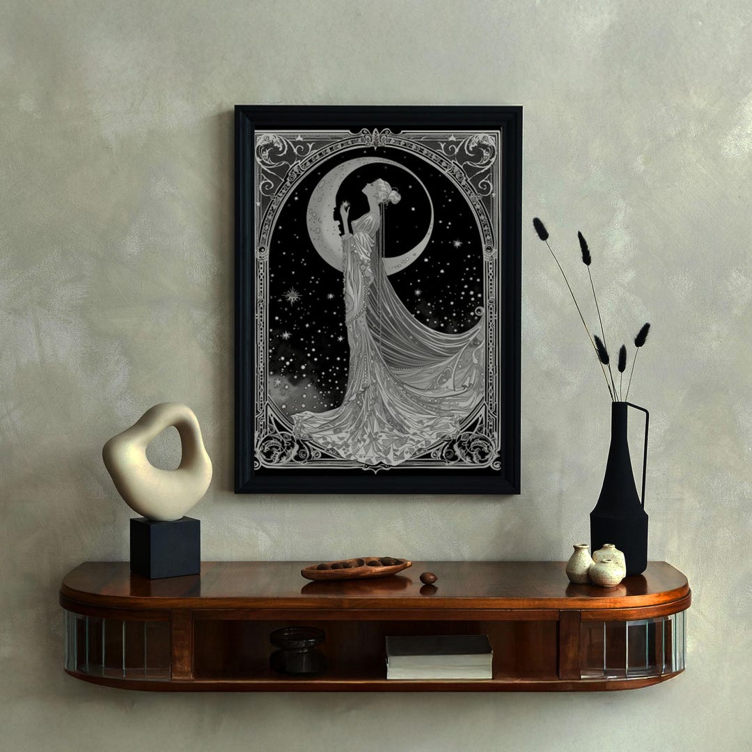 Vintage Moon Painting, Moon Lady Boho Art, Moon Abstract Portrait, Celestial Rustic Print, Lunar ...
