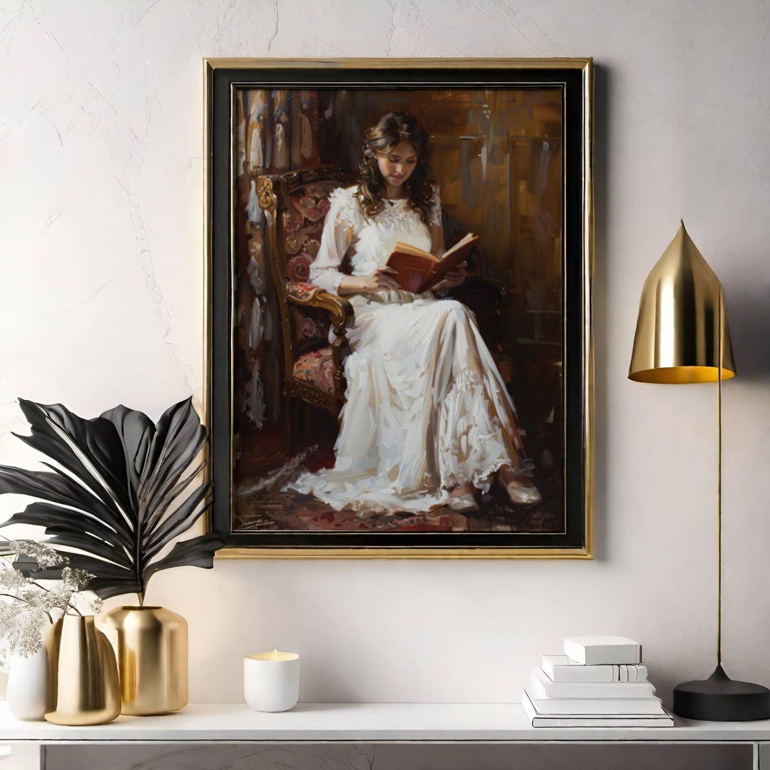 Girl Reading Poster, Women Wall Decor, Bookish Lady Portrait, Decadent ...