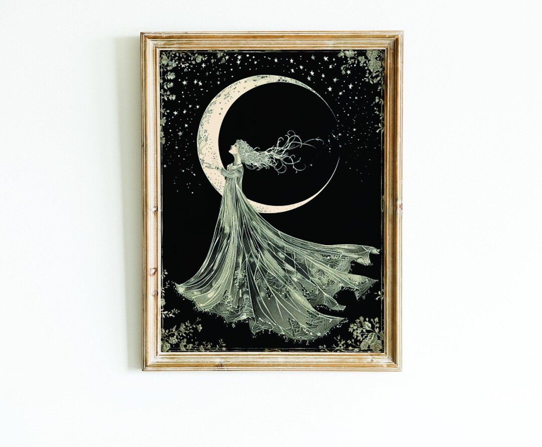 Vintage Moon Art, Boho Lunar Decor, Retro Celestial Painting, Moon ...