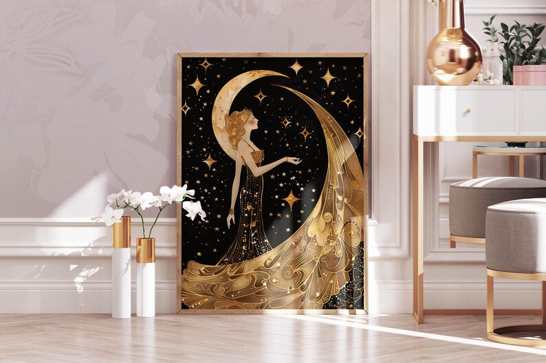 Moon Lady Poster, Moon Queen Painting, Crescent Moon Art, Lunar Women ...
