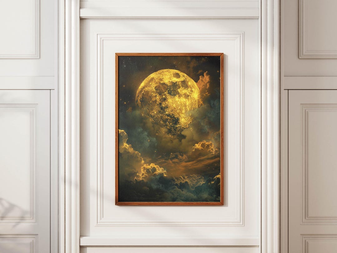 Cloudy Moon Painting, Moon Vintage Portrait, Lunar Rustic Poster, Moon ...