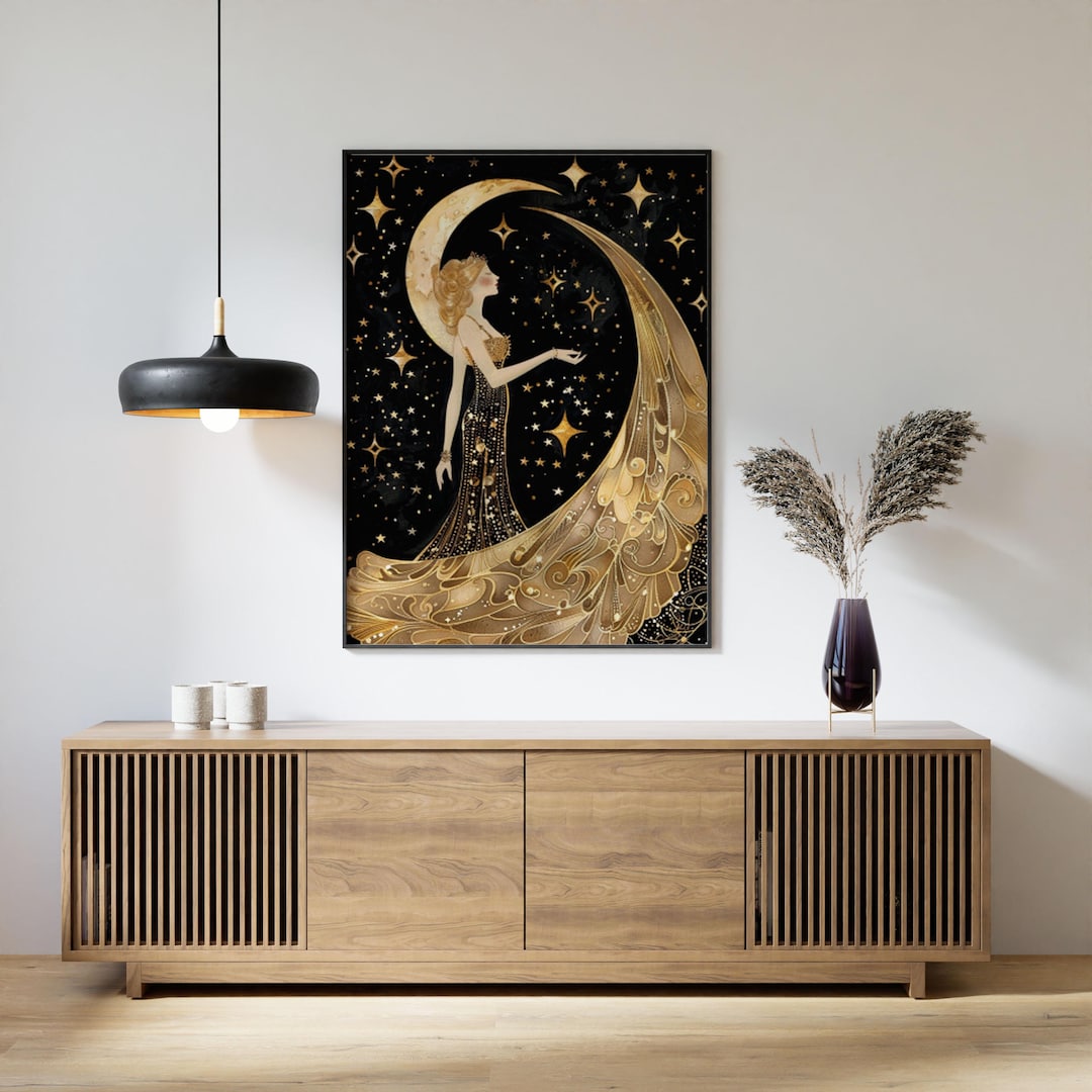 Moon Lady Poster, Moon Queen Painting, Crescent Moon Art, Lunar Women ...