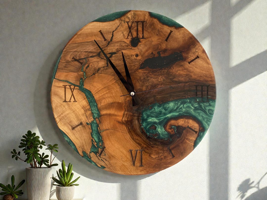 Handcrafted Gum Wood & Green Epoxy Resin Wall Clock, Handmade Wooden ...