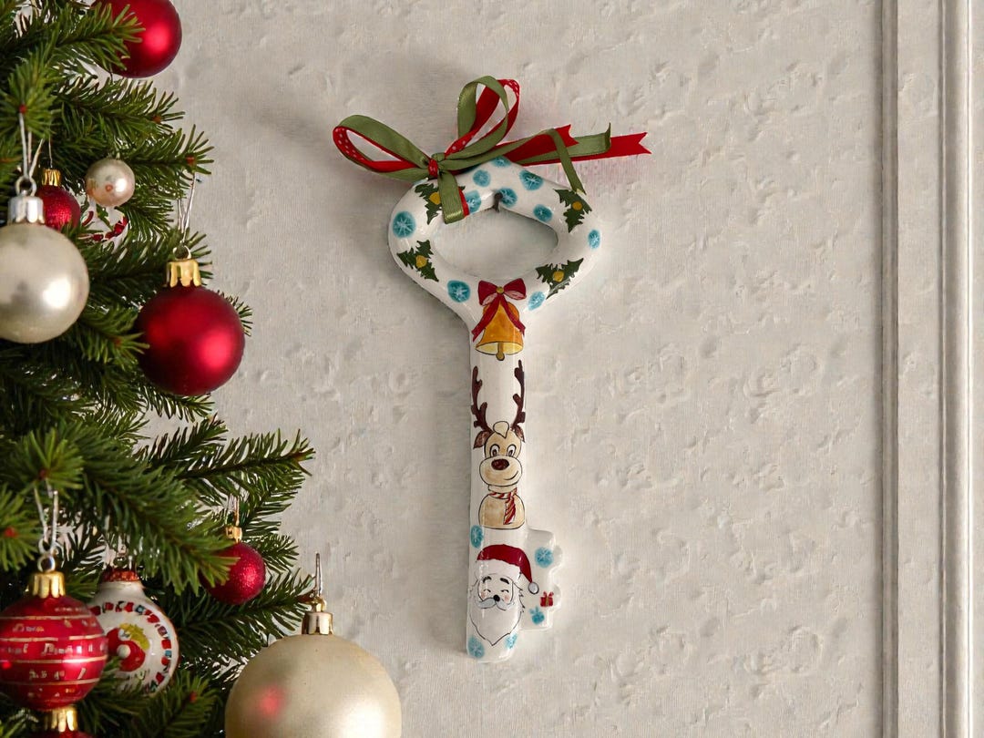 Handmade Ceramic Wish Key, Christmas Magic Decorative Hand-painted Key ...