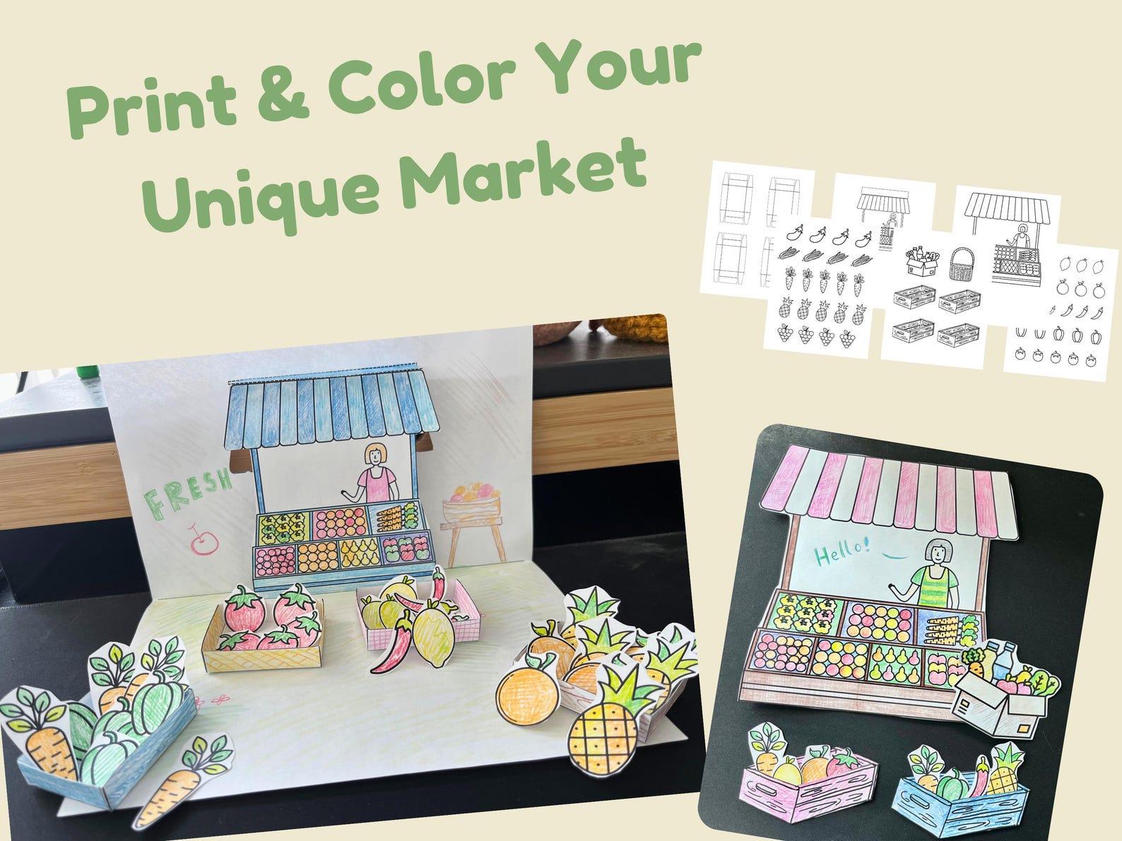 Printable Farmers Market Playset – Paper Craft Pretend Play – 3D Flat ...