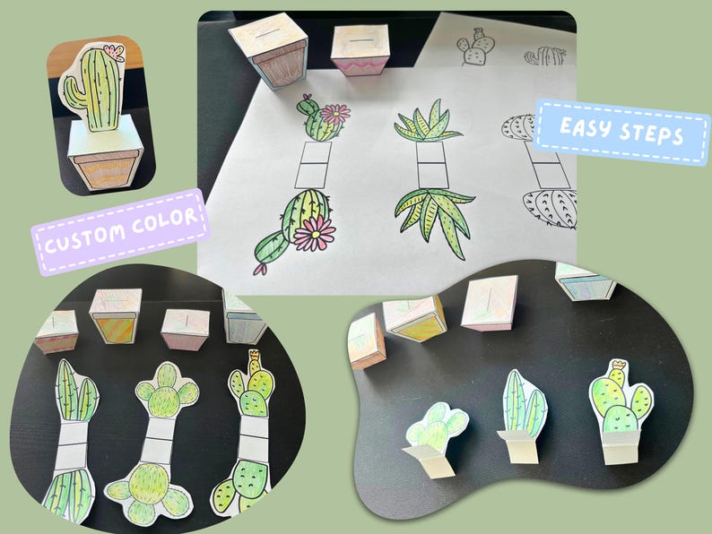 Printable Paper Cactus Craft: Color, Cut & Fold DIY Plant Pots (instant ...