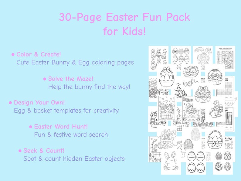Easter Activity Pack for Kids - 30 Pages Printable Games Coloring - Fun ...