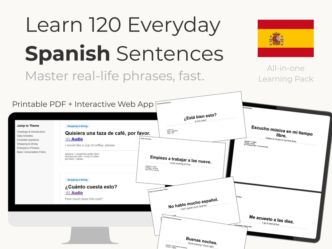 120 Spanish Sentences for Beginners PDF + Web App | Printable ...