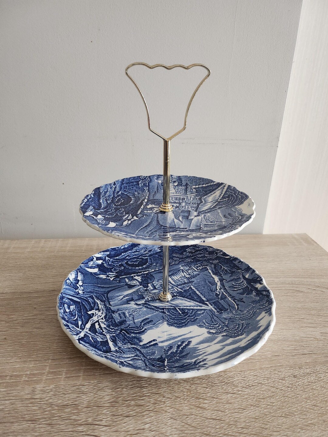 Vintage Old Foley James Kent Two-tier Cake Stand, Blue & White Rural ...