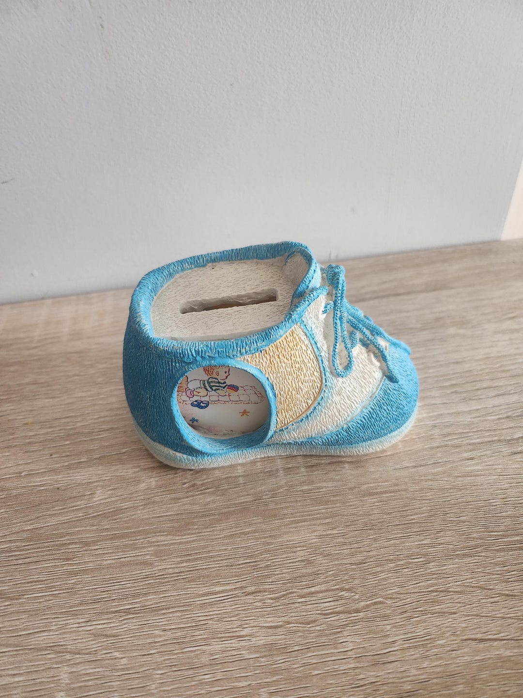 Vintage Baby Shoe Coin Bank Blue & Beige Velvety Ceramic Piggy Bank - Etsy
