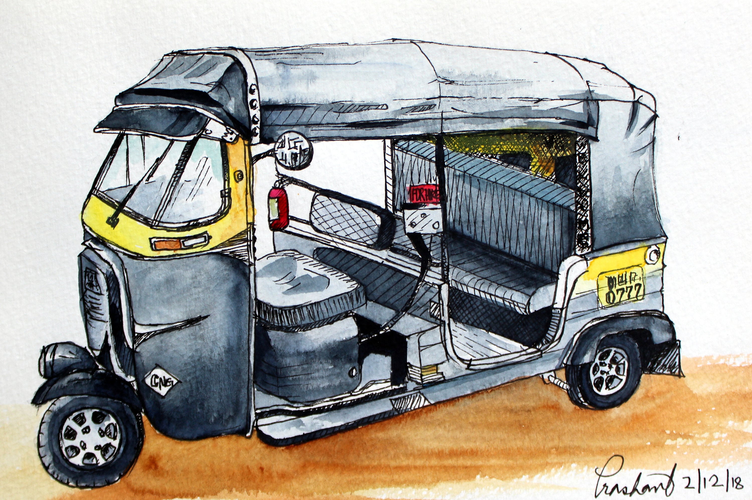 Indian Rickshaw Original Watercolor and Ink Painting - 5x7 - Mumbai ...