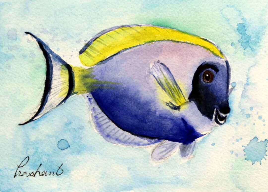 Tropical Blue Surgeonfish Original watercolor painting, ocean, beach ...