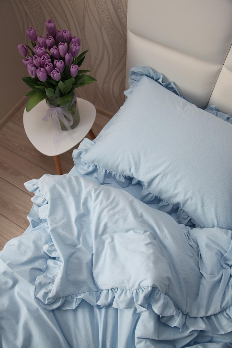Washed Cotton Ruffled Bedding Set: Soft Blue Cozy Bed Linen - Etsy
