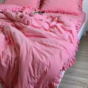 Pink Ruffle Washed Cotton Bedding Set: Boho Duvet Cover, Pillowcases ...