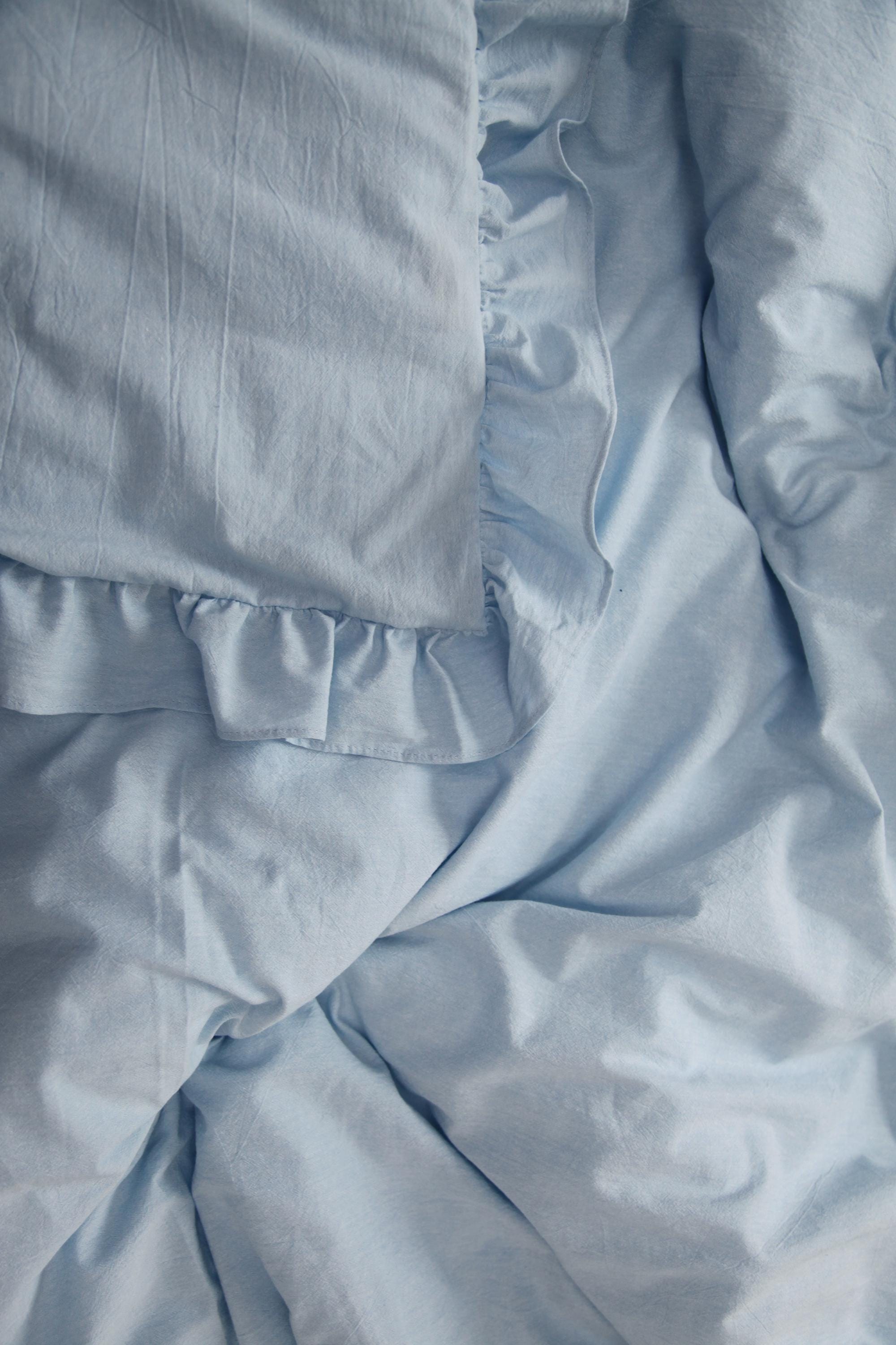 Washed Cotton Ruffled Bedding Set: Soft Blue Cozy Bed Linen - Etsy