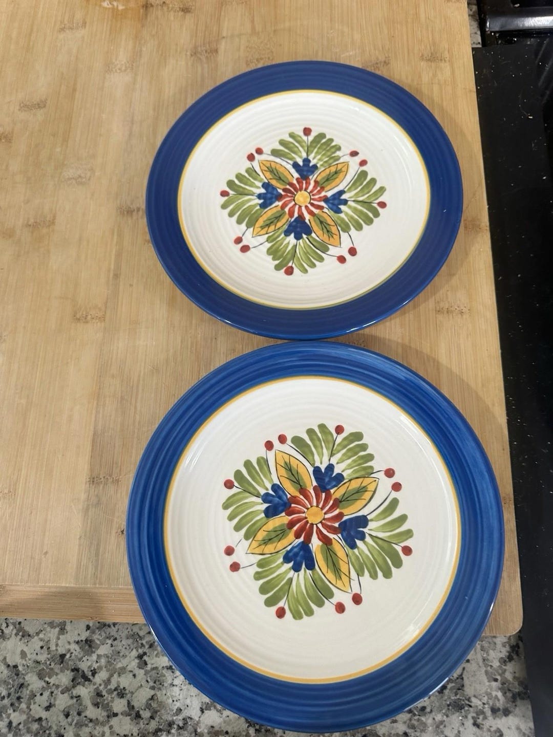 Clay Art Hand Painted Valencia 2 Salad Plates Blue Rim 8 1/2” Clayart ...