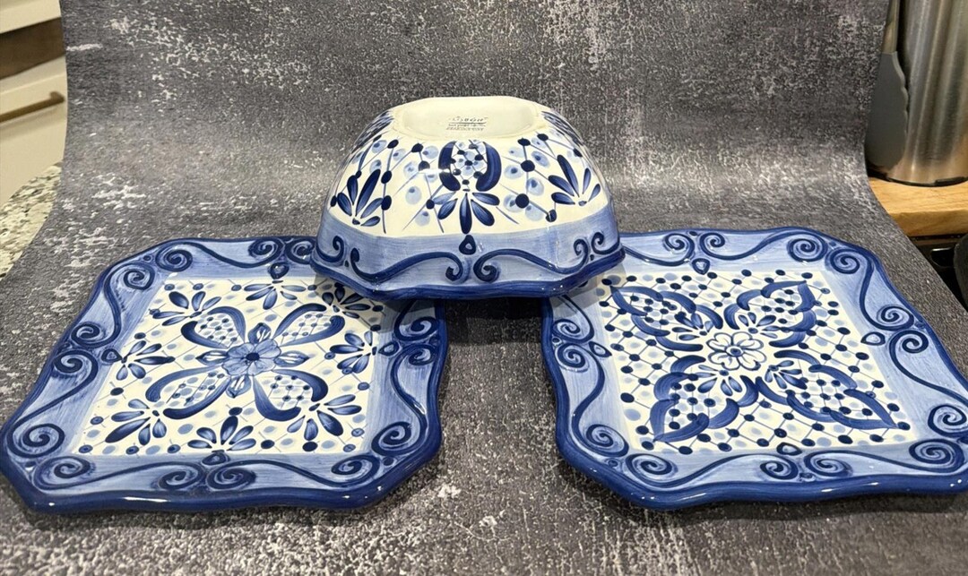 VTG Lisbon Hand Painted Bowl & Plates Set of 3 (square) by Tabletops ...