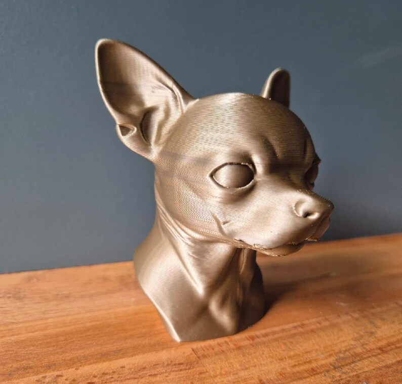 3D Printed Chihuahua Dog Bust Statue – Modern Gold Puppy Sculpture ...
