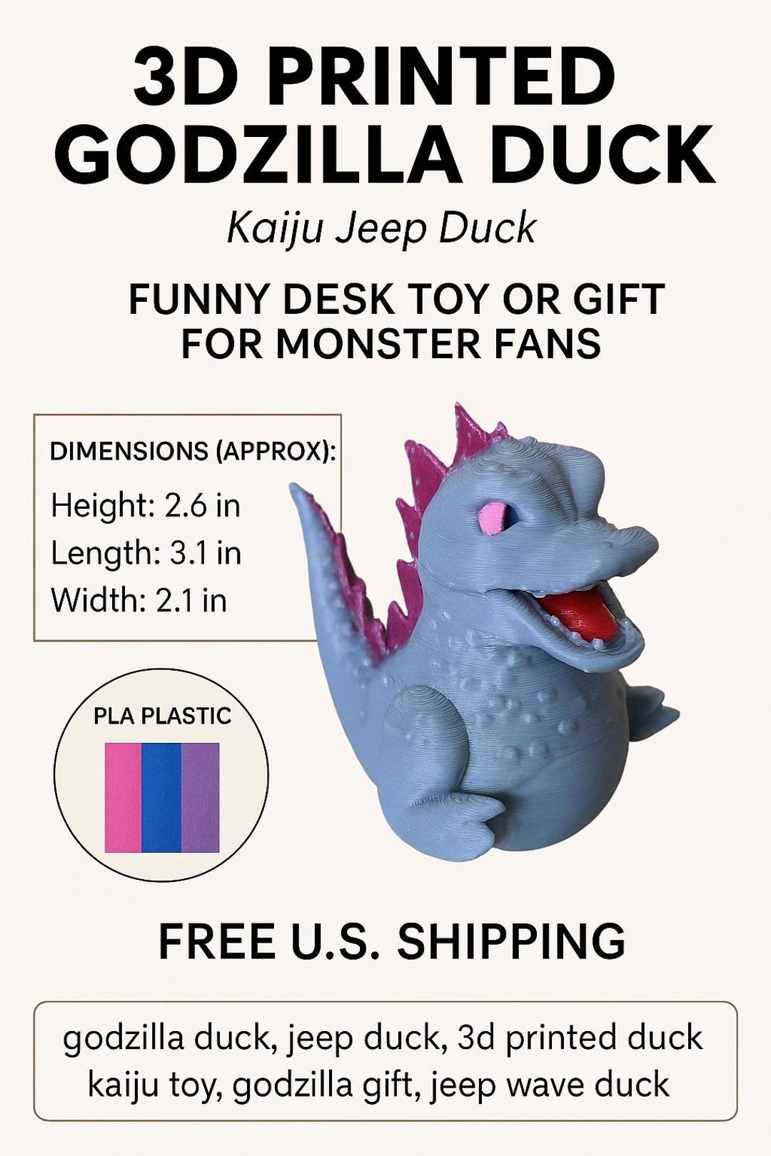 3D Printed Godzilla Duck Figurine – Kaiju Jeep Duck – Funny Desk Toy or ...