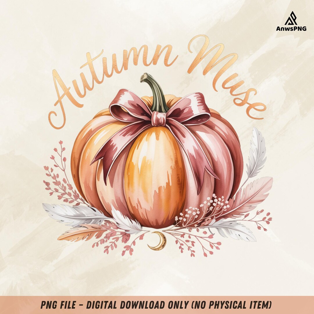Autumn Muse PNG, Elegant Fall Pumpkin Clipart, Watercolor Bow Pumpkin ...