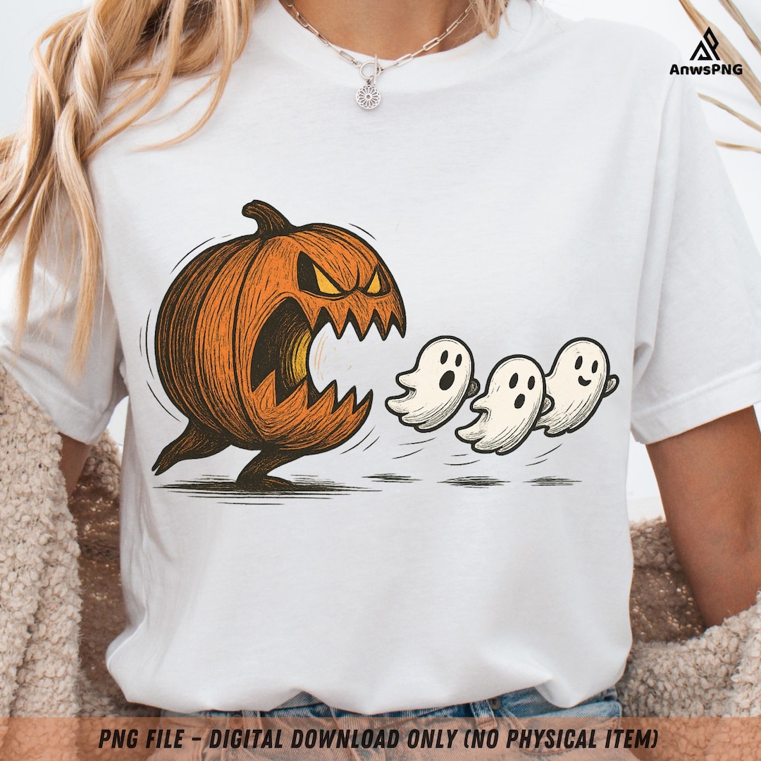 Halloween Pumpkin Chasing Ghosts PNG: Retro Spooky Clipart (digital ...