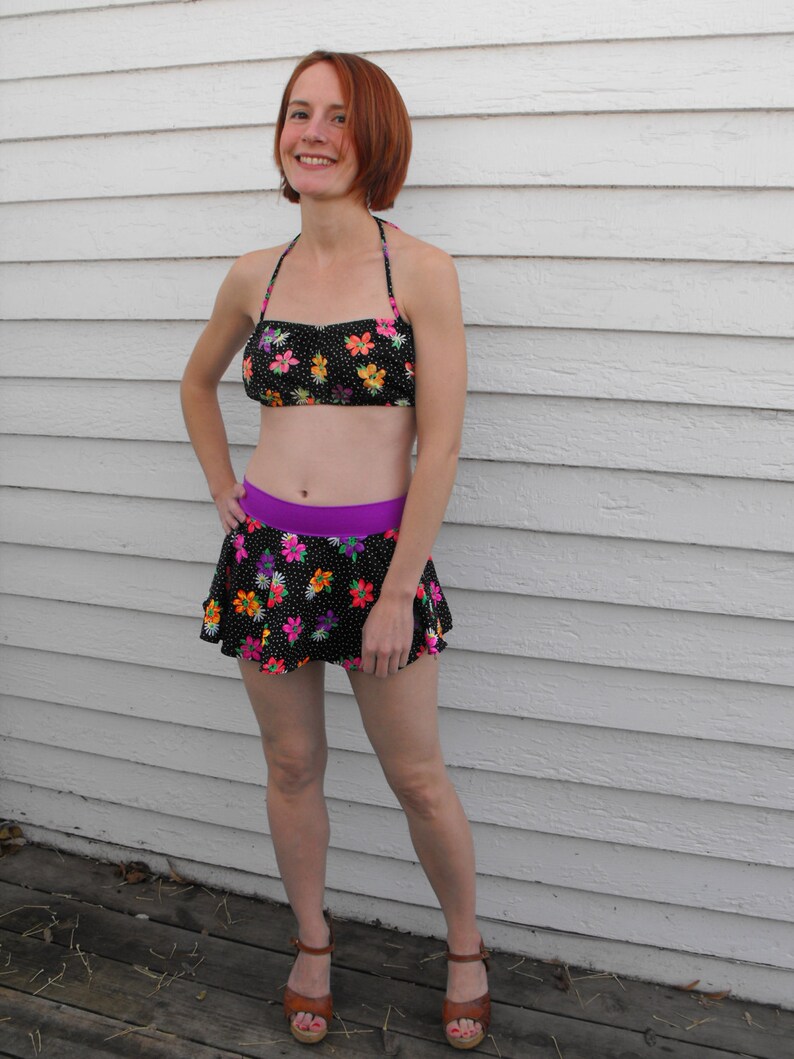 80s Swimsuit Floral Black Polka Dot Two Piece Skirted Bathing Etsy