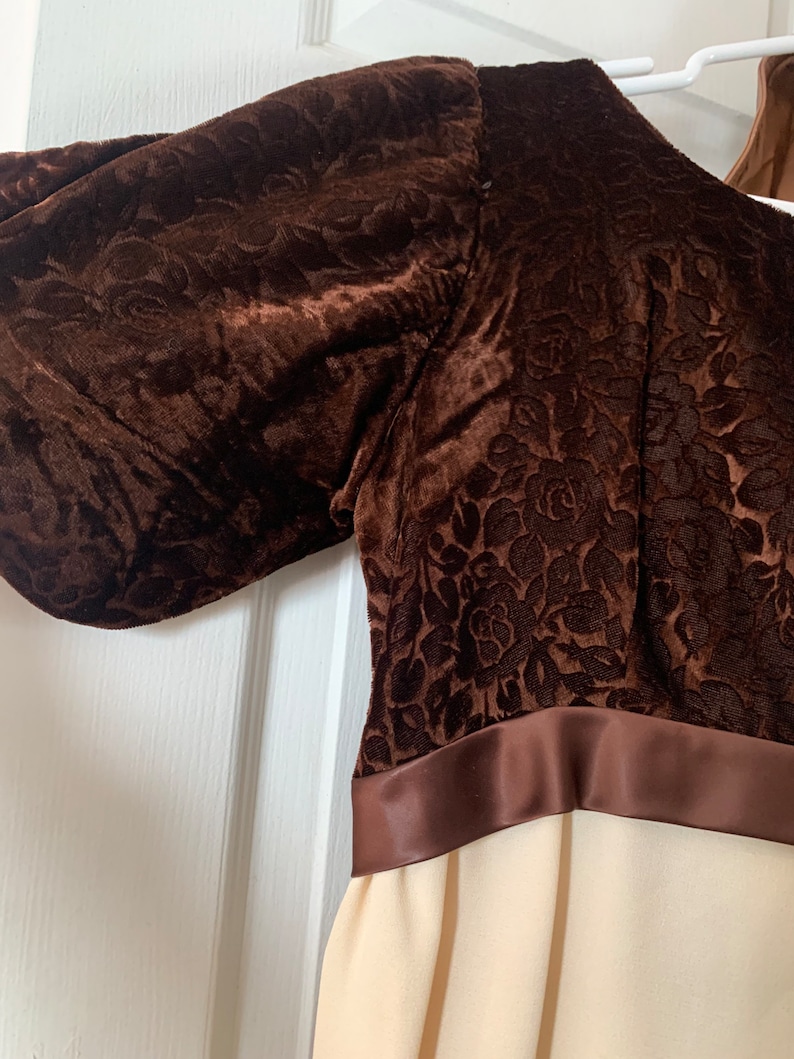 60s Brown Floral Velvet Regency Gown Vintage Party Dress Prom Formal XS ...