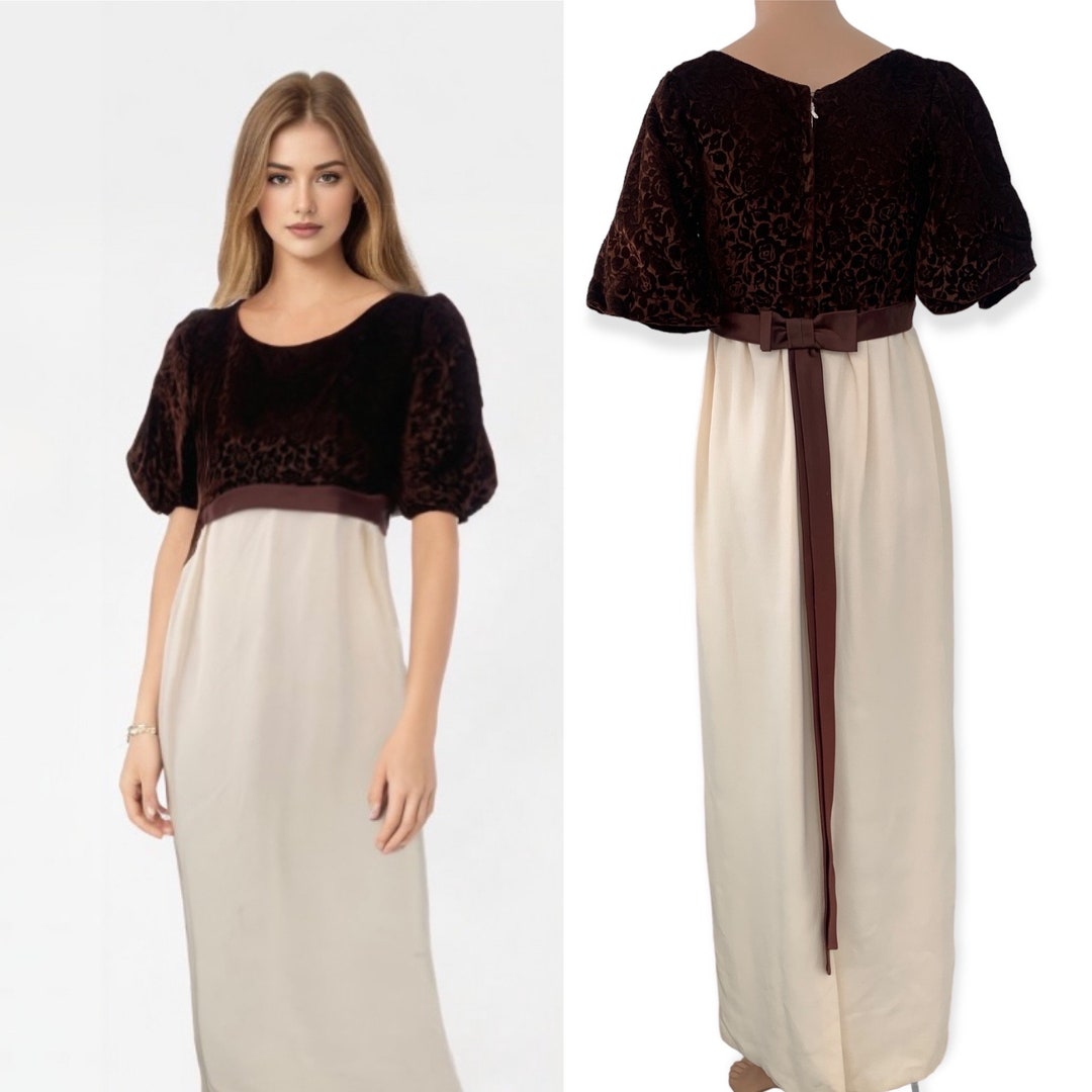 60s Brown Floral Velvet Regency Gown Vintage Party Dress Prom Formal XS ...