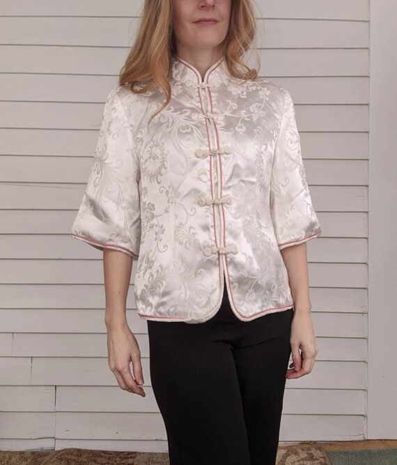 White Satin Asian Jacket Mandarin Collar Chinese S - Etsy
