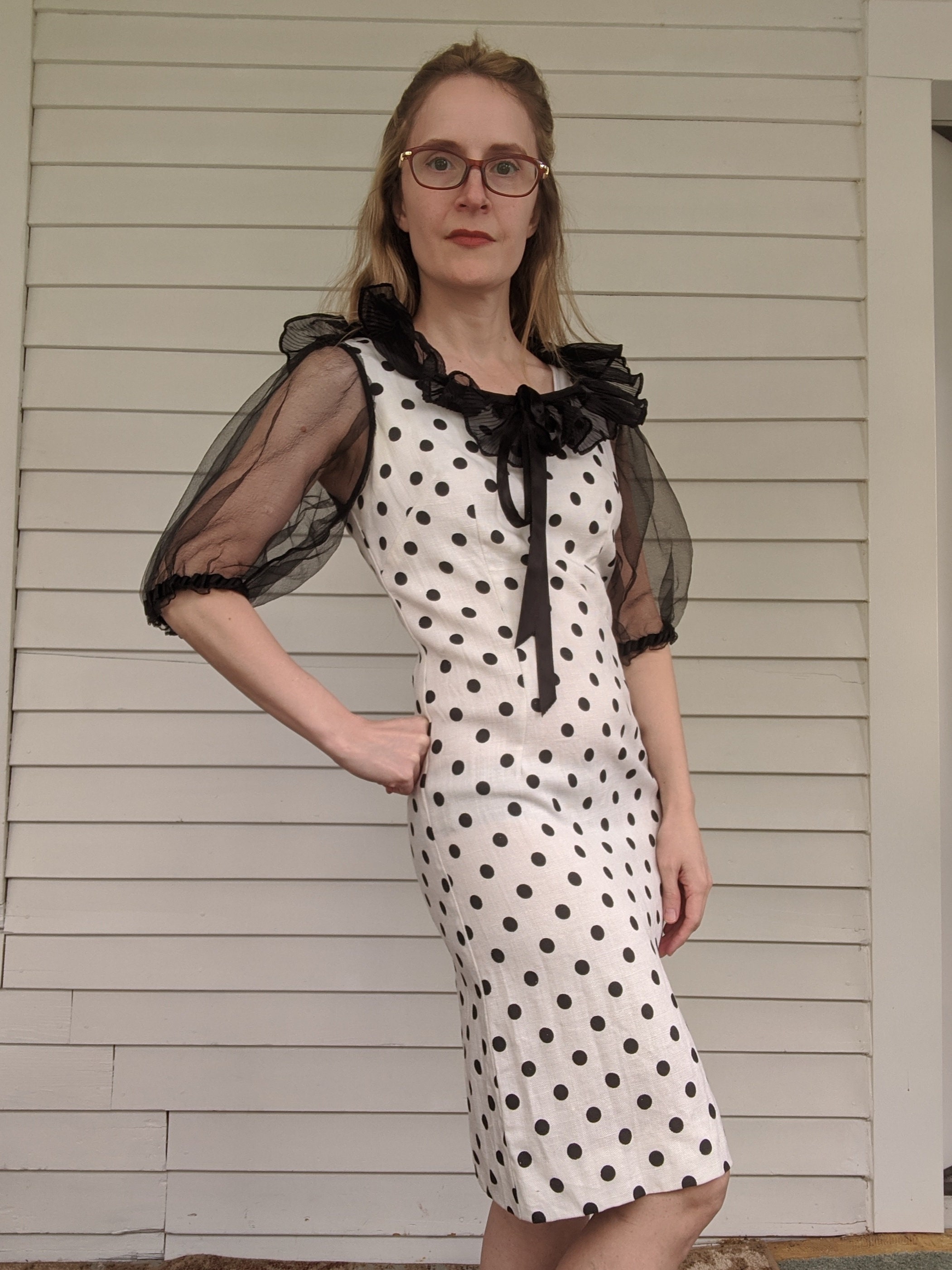 60s Polka Dot Dress Black White Linen Sheer Poof Sleeve Vintage XS - Etsy