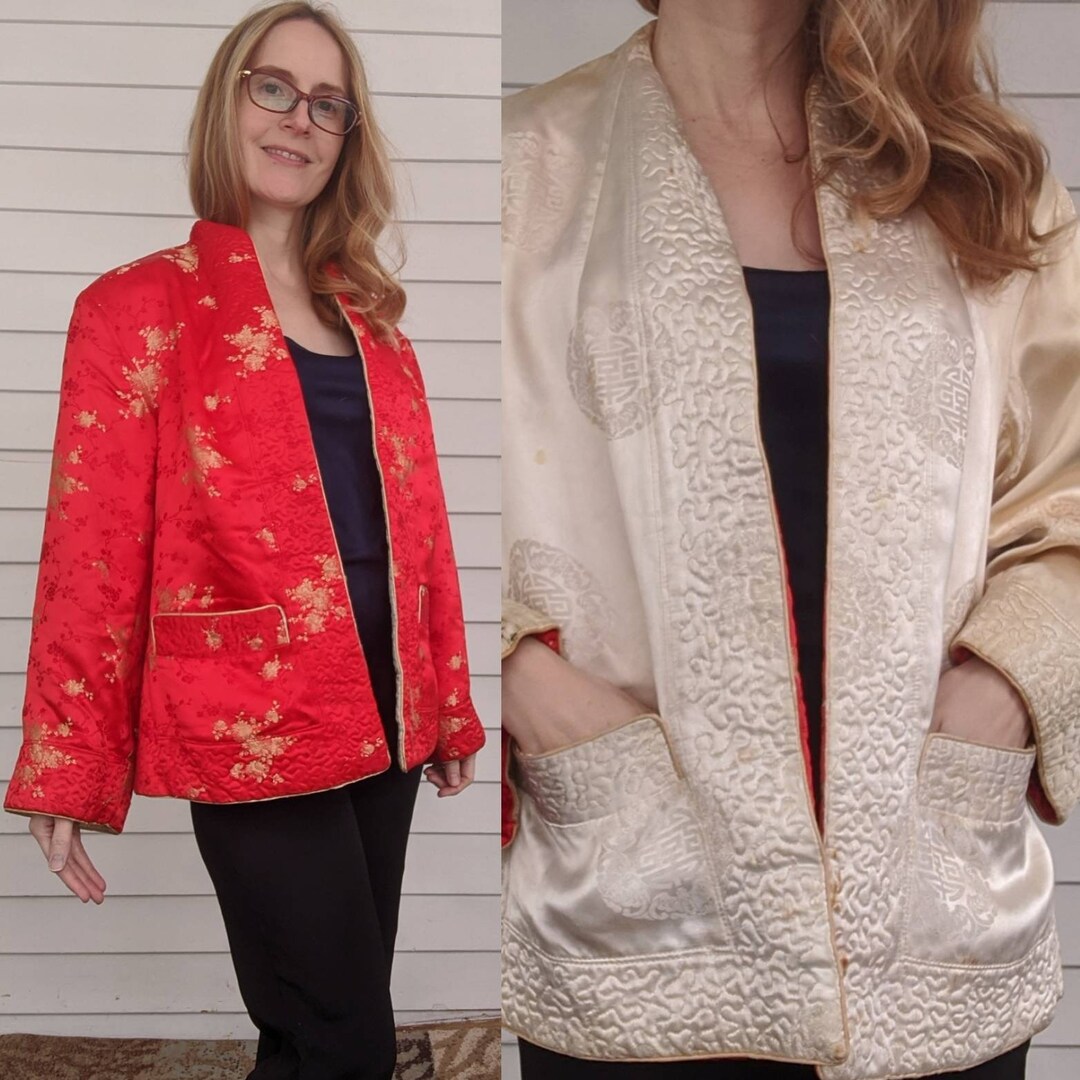 50s Red Satin Asian Jacket S M AS IS Reverse Side Stained - Etsy