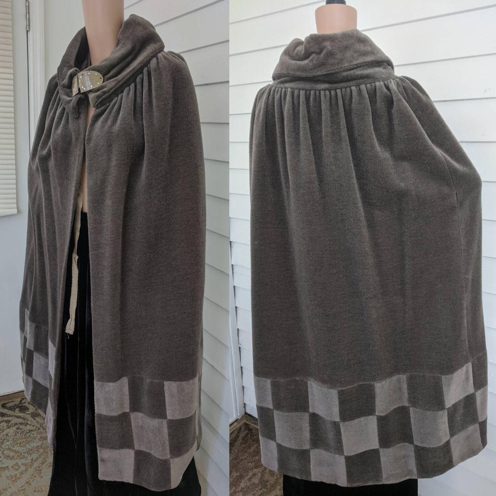 Antique Cloak Cape 20s Art Deco Gray Checkered Coat Plush S | Etsy