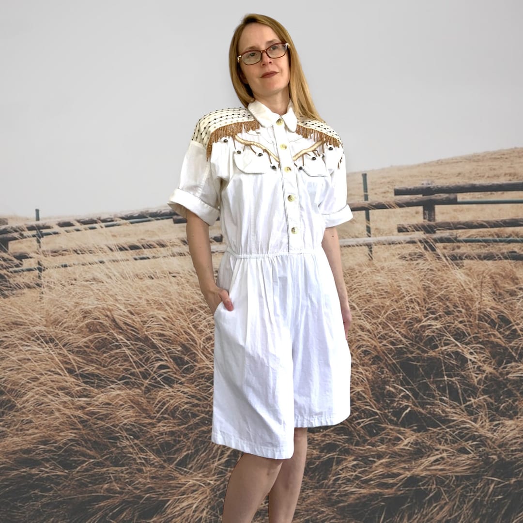 80s Western Romper White Cotton Short Sleeve Vintage 6 S - Etsy