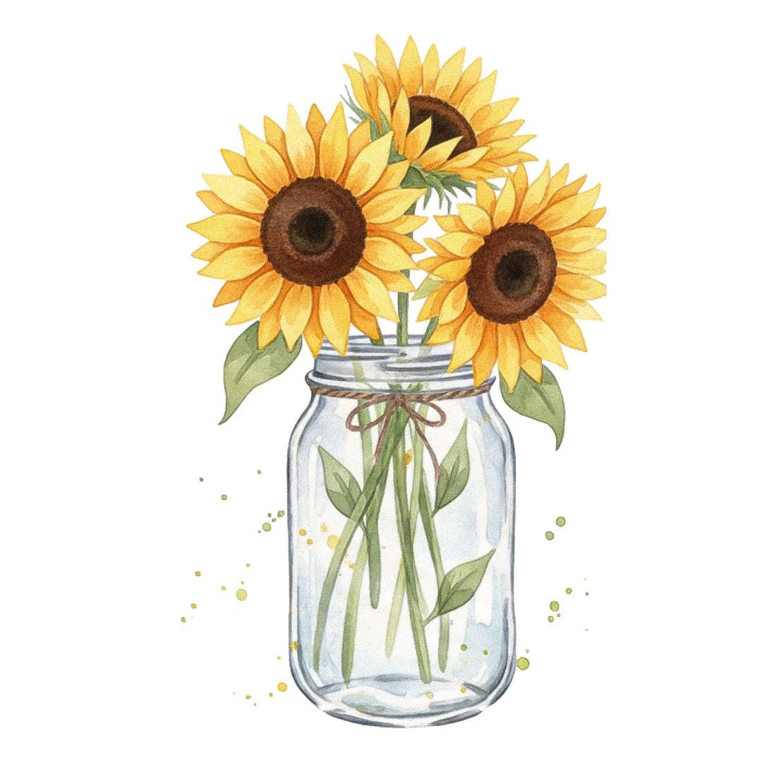 8 Watercolor Fall Sunflower Mason Jar Clipart, Rustic Sunflower Bouquet ...