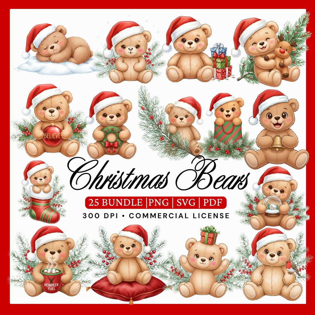 Christmas Bears Clipart Bundle Cute Watercolor Bear Png Svg Pdf ...