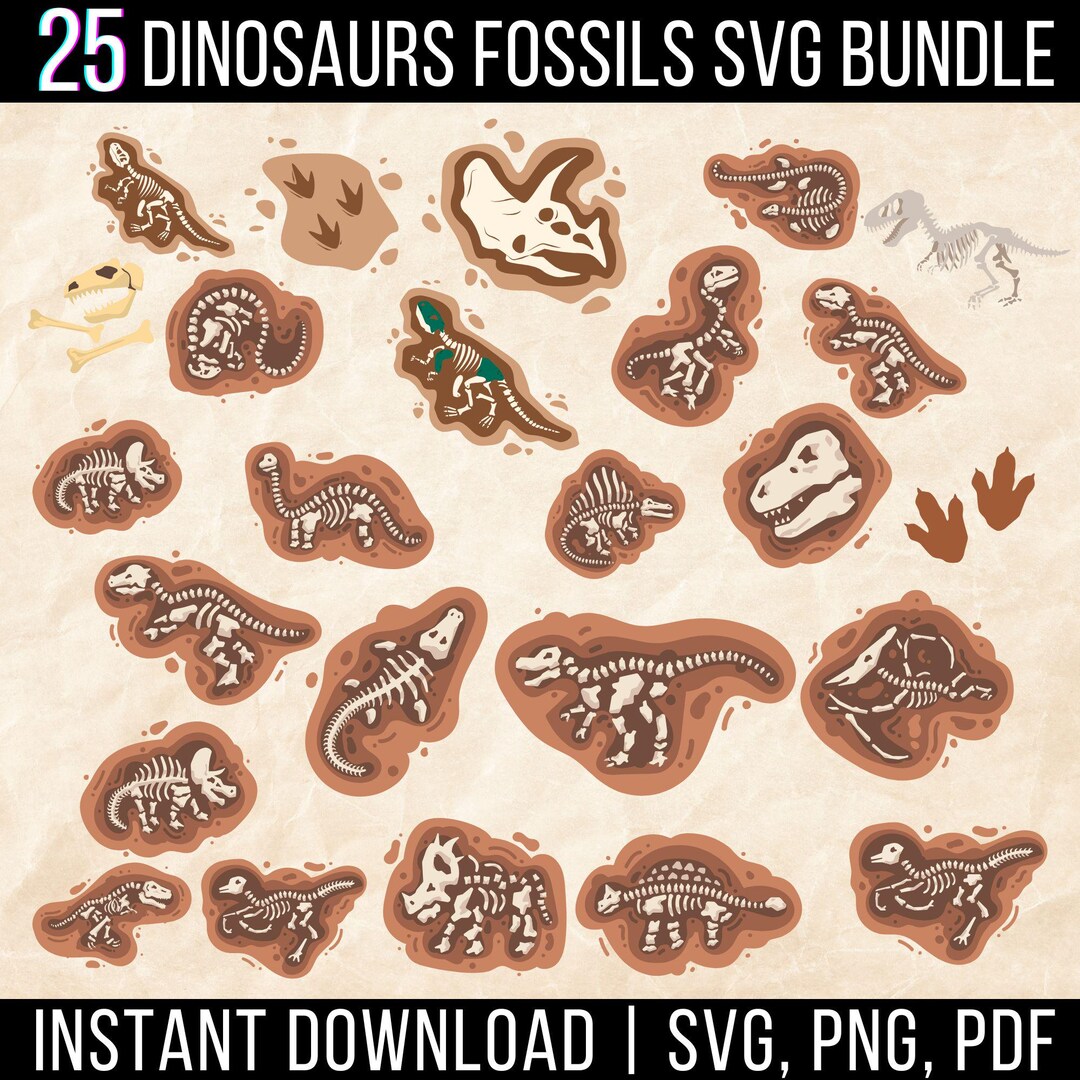 Dinosaur Fossil SVG Bundle: T-rex, Triceratops Clipart (digital ...