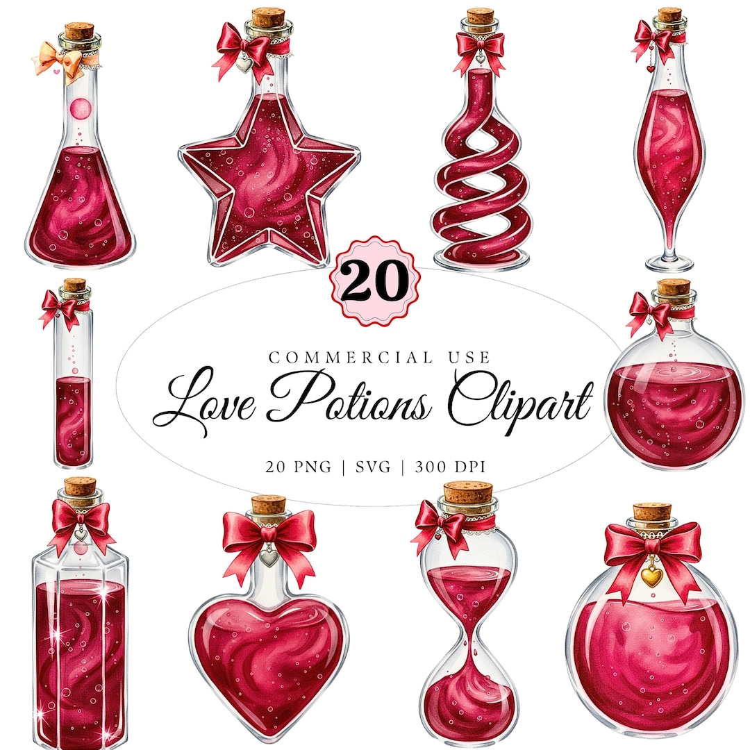 Valentine Love Potion Clipart PNG SVG, 20 Watercolor Magic Bottle ...