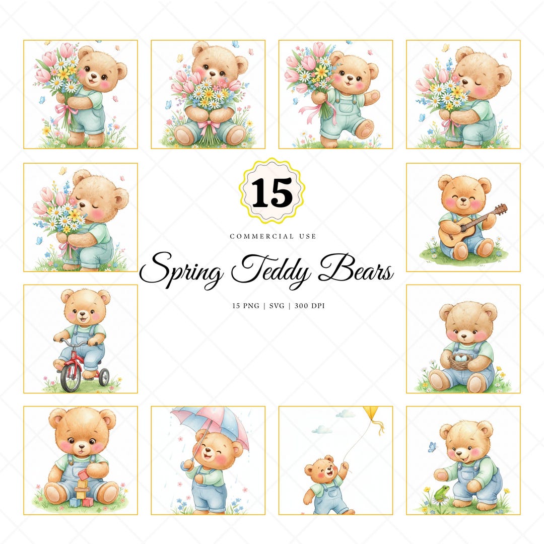 15 Watercolor Spring Teddy Clipart, Cute Teddy Bear PNG, Spring Animal ...